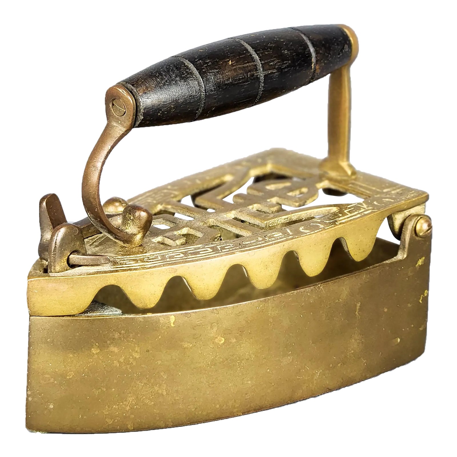 Antique Brass Sad Iron With Wooden Handle | Chairish