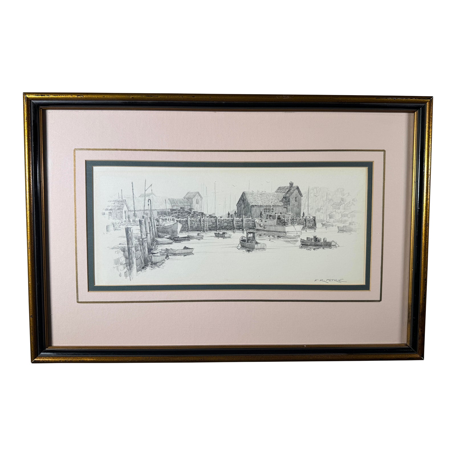 1960s Pair of Ferdinand R. Petrie Signed Harbor Pencil Drawings, Framed ...