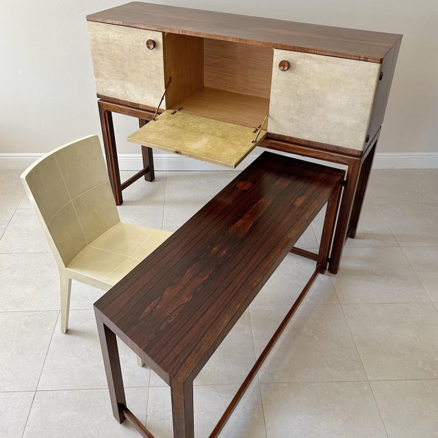 1940's Parchment and Rosewood Chest on Stand With Roll Out Table | Chairish