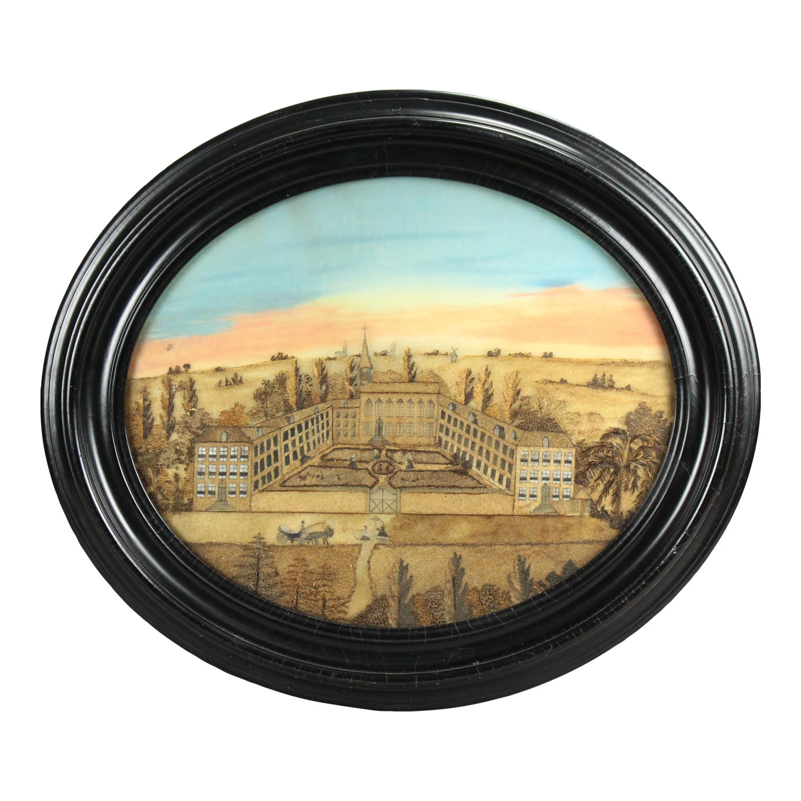 Antique Topographical Landscape Reverse Glass Painting with Mixed-Media ...