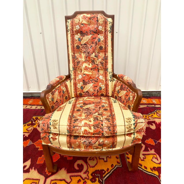 Mid-Century Modern Red Asian Chinoiserie Upholstered Arm Chair | Chairish