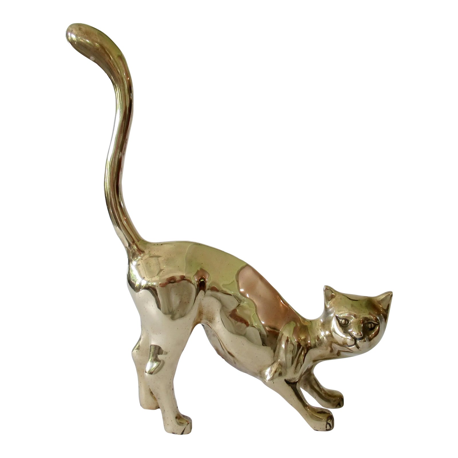 Mid-Century 1960's-1970's Large Polished Brass Cat With Accentuated ...