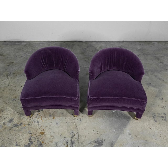 Pair of Upholstered Chairs in Violet Purple Velvet on Brass Rollers ...