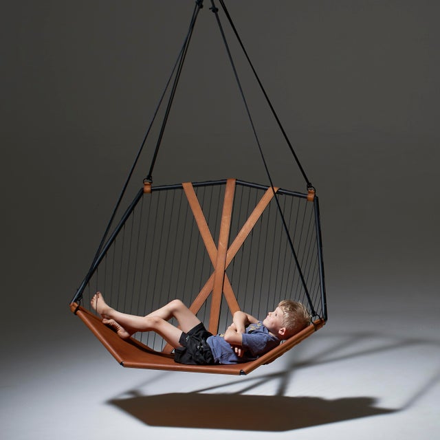 Modern Brown & Black Leather Angular Sling Swing Chair | Chairish