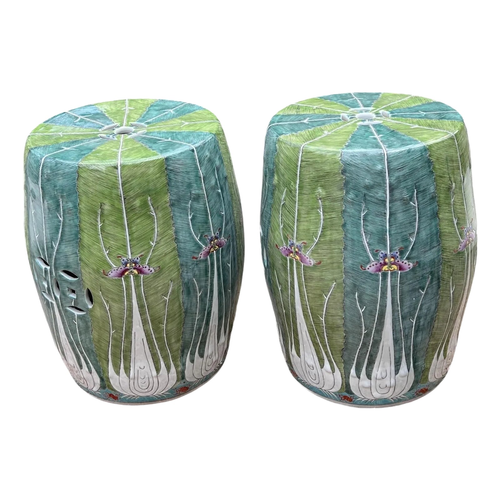 Butterfly Motif Bok Choy Famille Verte Porcelain Garden Stools - Set of ...