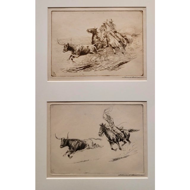 Edward Borein -Cowboys Chasing a Longhorn Bull-1920s Original Etchings ...