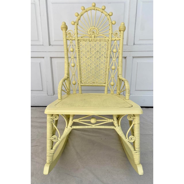 Early 20th C. Meringue Yellow Wicker Rattan Rocker | Chairish