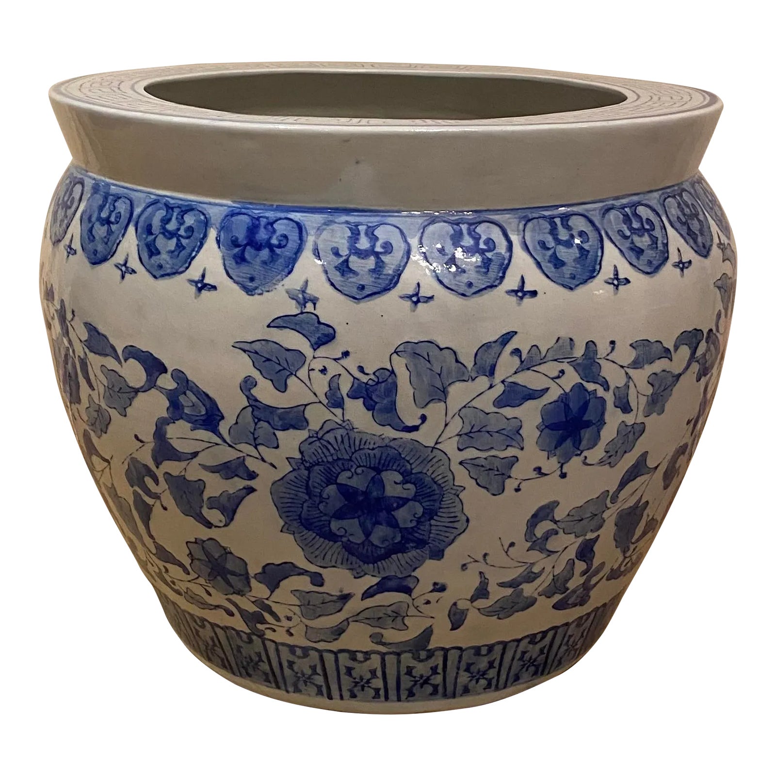 Vintage Chinese Ceramic Blue & White Fish Bowl Planter Floral Pot ...