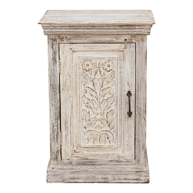 Floral Motif Whitewash Indian Cabinet | Chairish