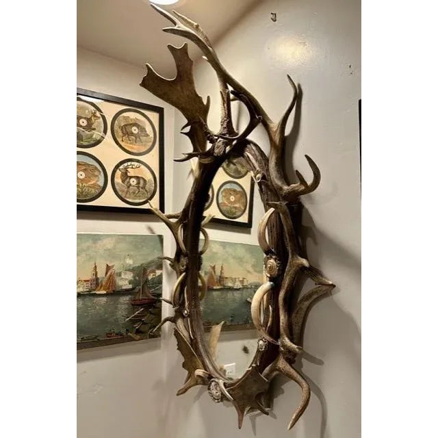 Late 19th Century Oval Shape Antler Mirror With Carved Rosettes of Fox ...