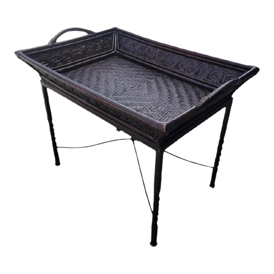 Vintage Cast Iron Removable Wicker Tray Top Side Table | Chairish