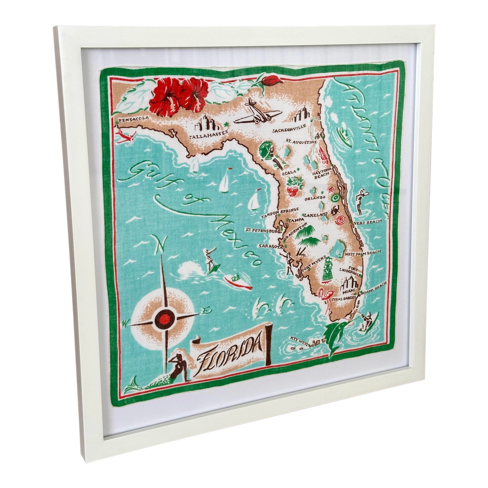 Vintage Coastal Florida Handkerchief White Framed Wall Textile Art ...
