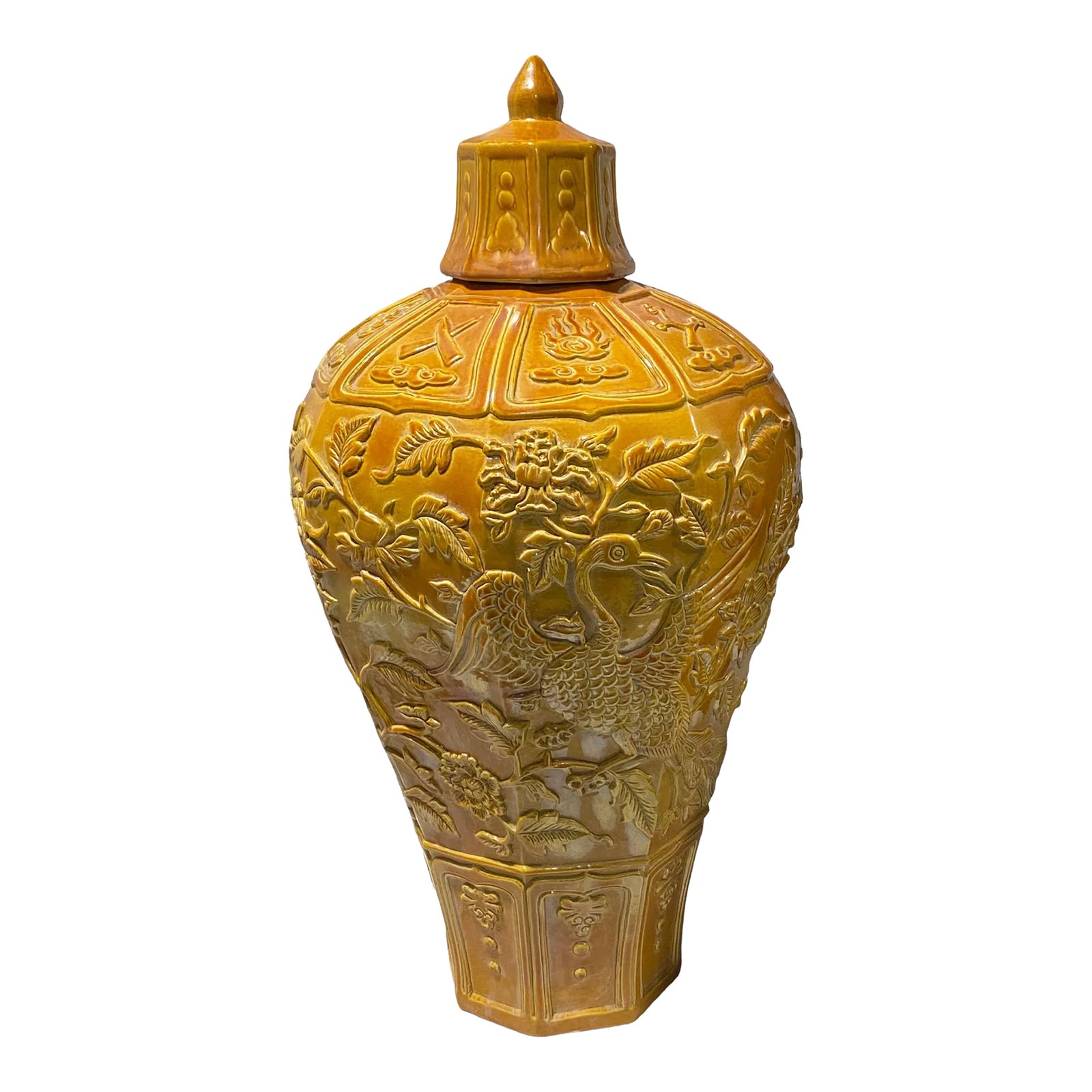 Lg Chinoiserie Octagonal Imperial Yellow Porcelain Famille Jaune Vase ...