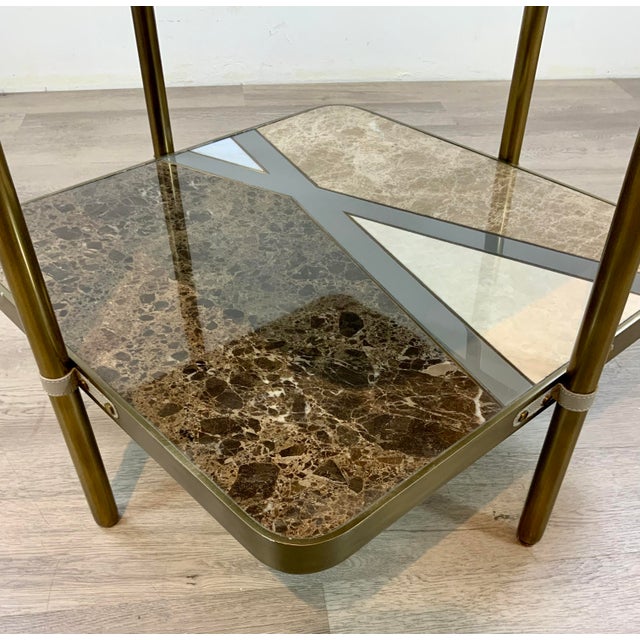 Theodore Alexander Modern Two Tiered Parquetry Marble Iconic End Table | Chairish