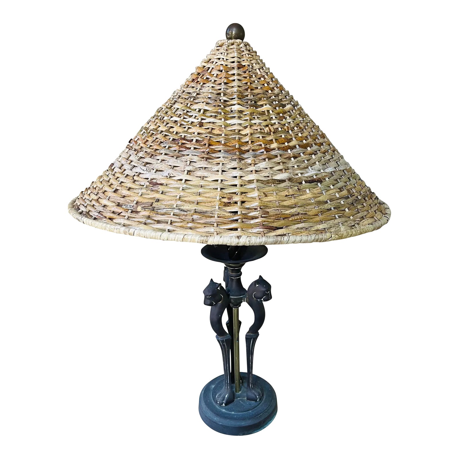 Brass Sarreid Panther Lamp With Conical Rattan Shade | Chairish