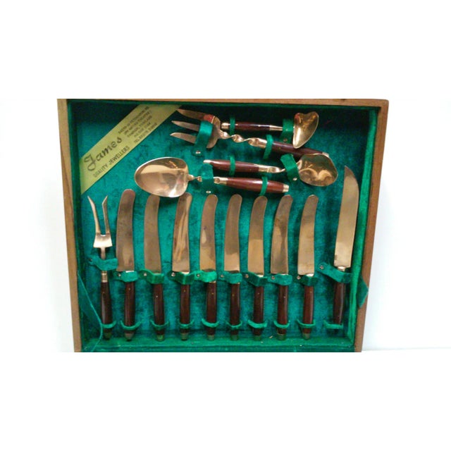 Rosewood and Bronze Flatware and Serving Pieces Set | Chairish
