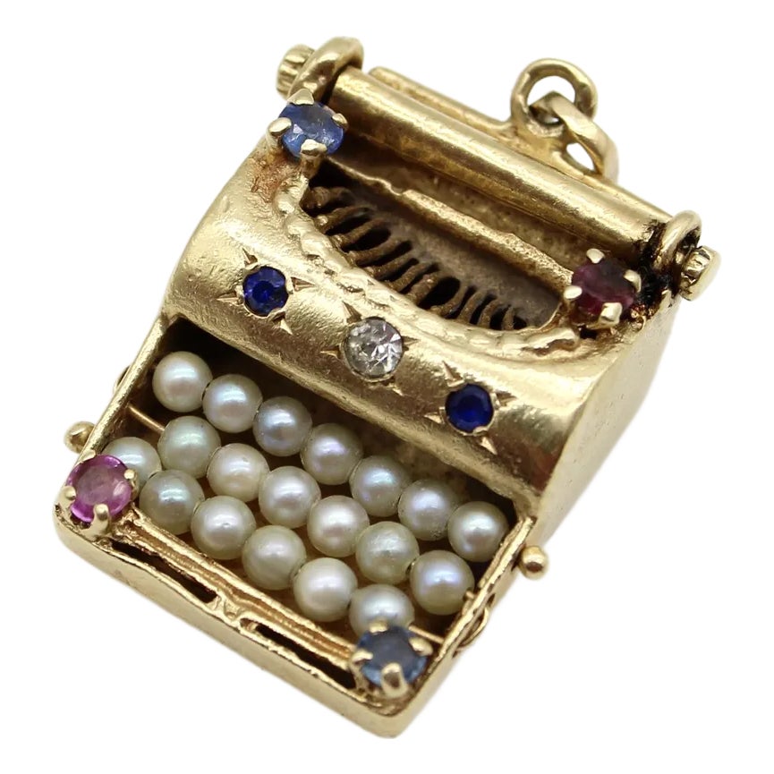 Vintage 14k Gołd Novelty Typewriter Charm With Gemstones | Chairish