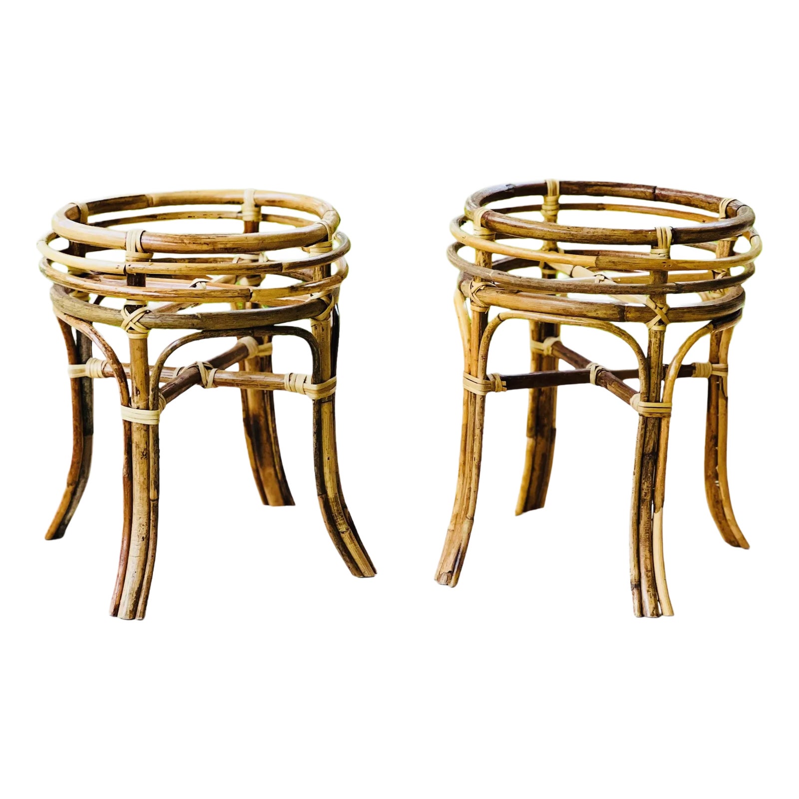 Tall Pair of Organic Bent Bamboo/Rattan Plant Stands | Chairish