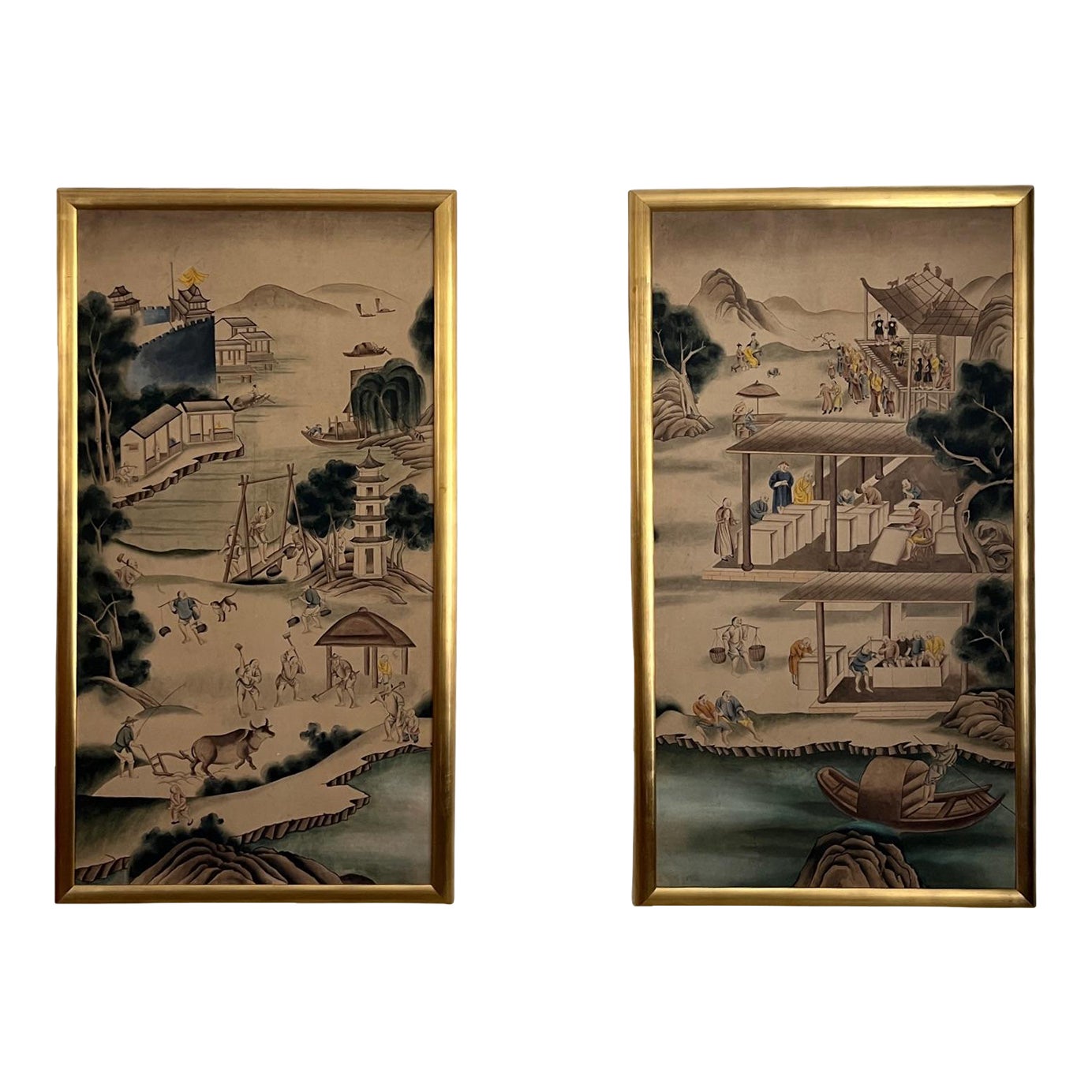 Pair of Antique Japanese Hand Painted Panels in Gold Frames | Chairish
