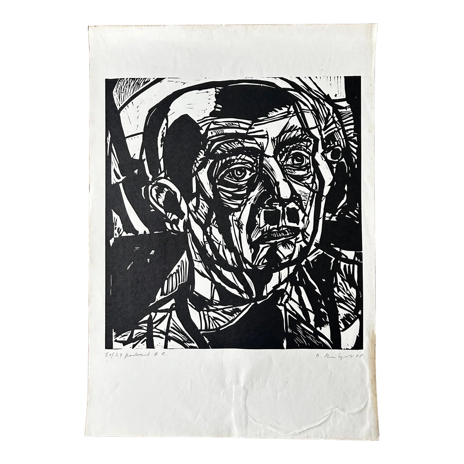 German Expressionist Portrait by Dieter Ritzert, Linocut Print, 1968 ...