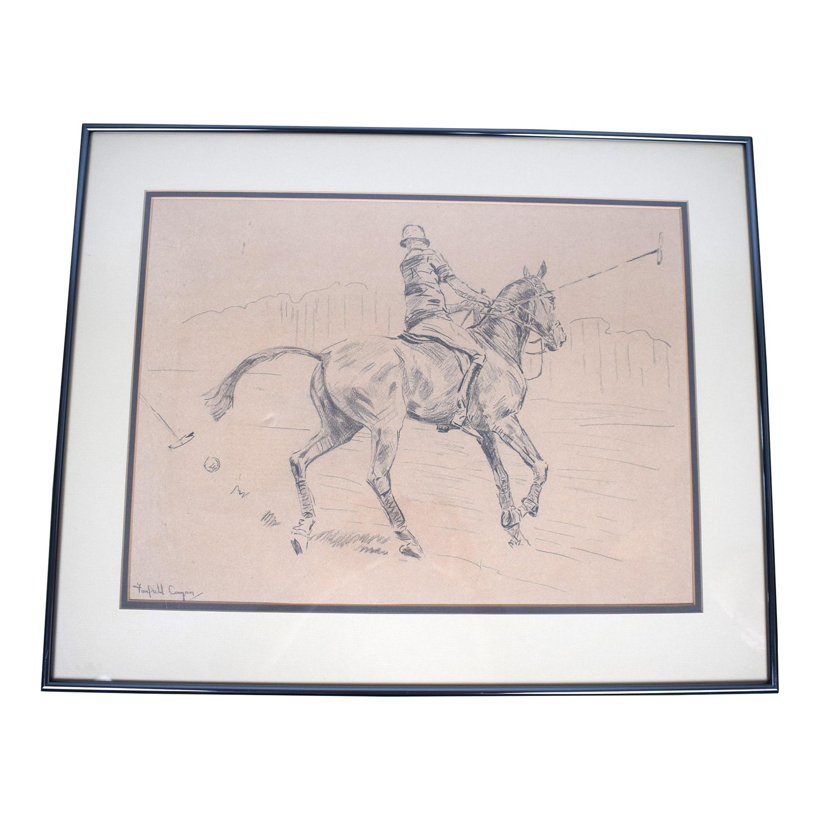 Mid 20th Century Polo Player Pencil Sketch by Fairfield Coogan, Framed ...