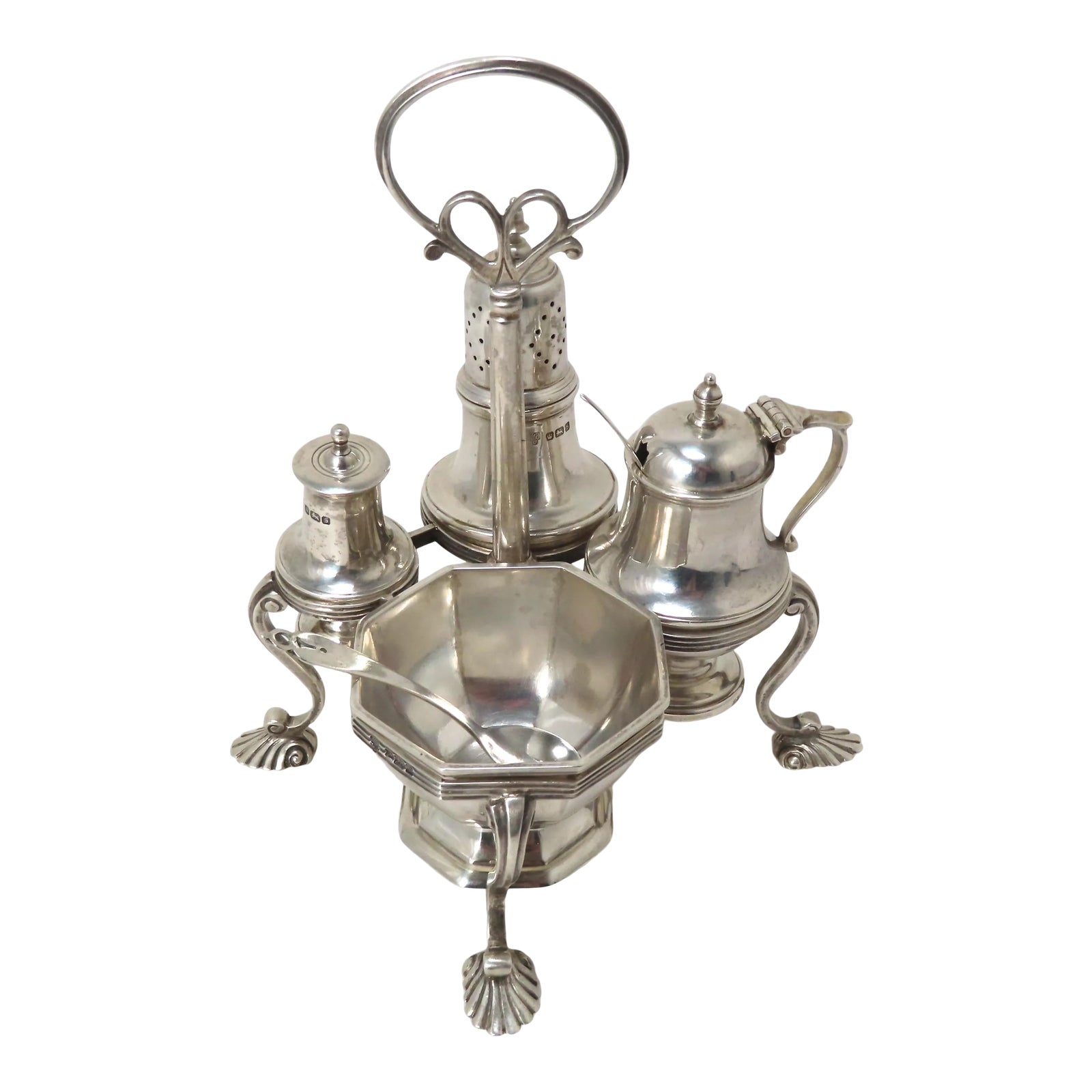 1910 Antique Sheffield England Sterling Silver Condiment Caddy Set ...