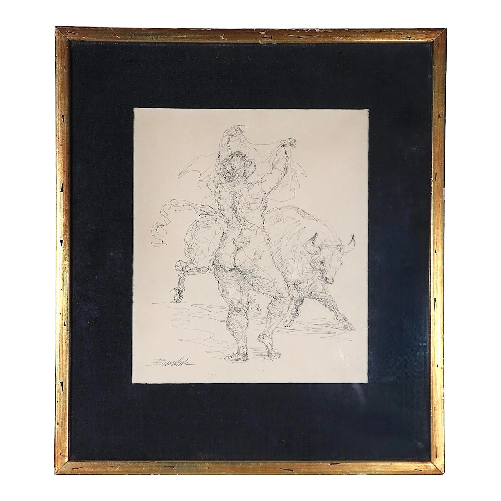 Framed Pen and Ink of a Matador and a Bull by Charles Burdick | Chairish