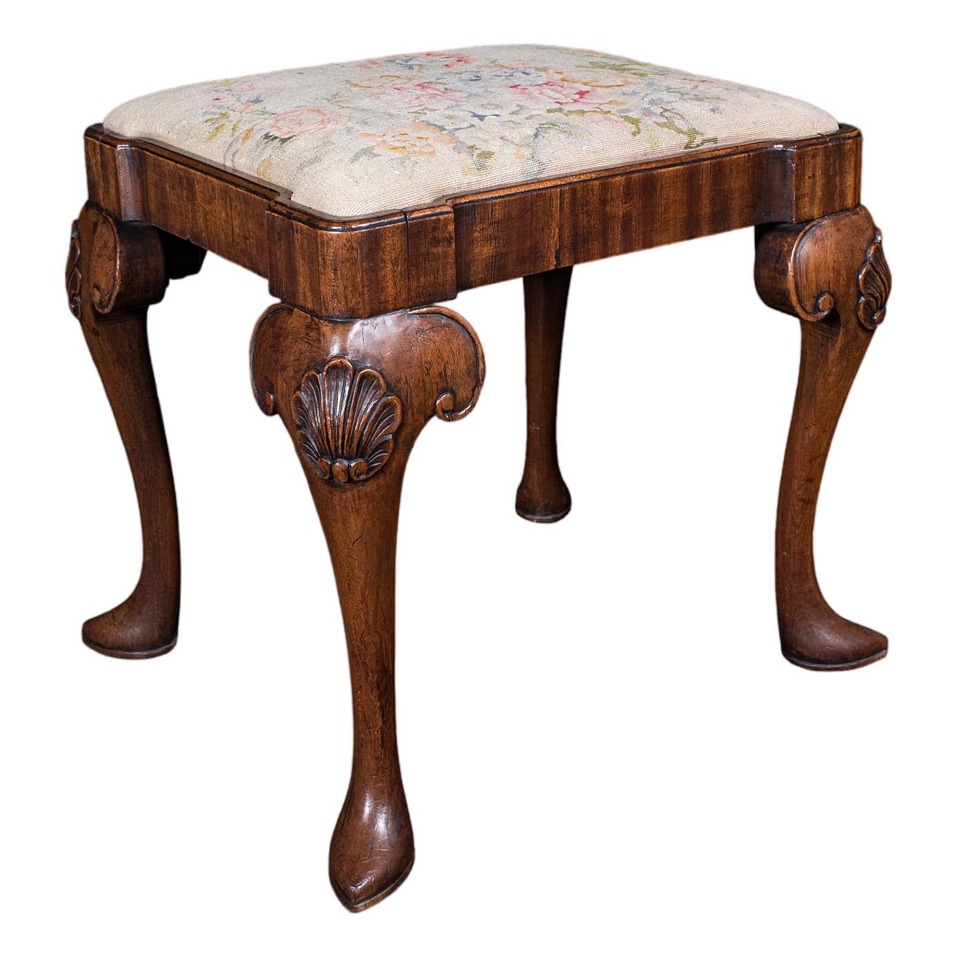 Antique Queen Anne Revival Dressing Stool, English, Needlepoint ...