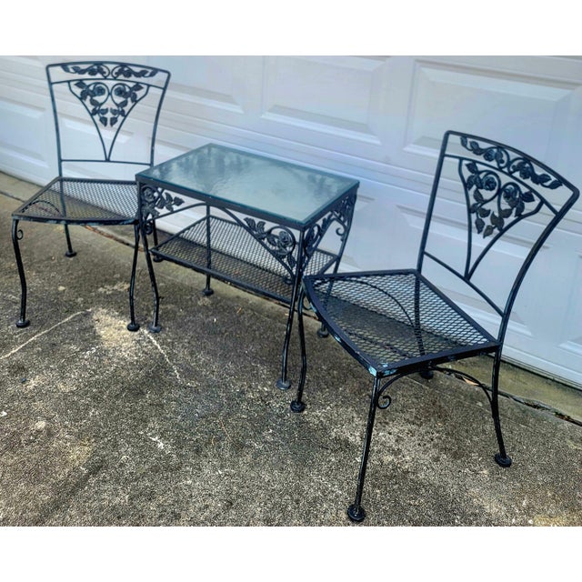 Woodard Orleans Wrought-Iron Bistro Table and Two Chairs | Chairish
