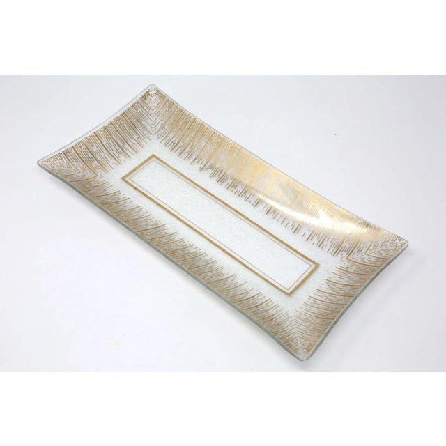 Mid-Century Rectangular Glass Bowl With Gold Lines Motif | Chairish