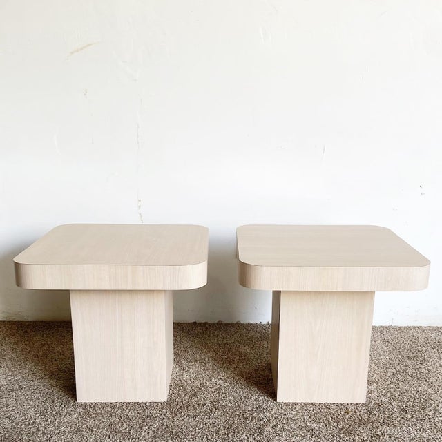 Postmodern Wood Grain Laminate Mushroom Side Tables - a Pair | Chairish