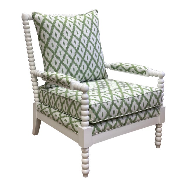 White Bobbin Chair With Green & White Kravet Upholstery | Chairish
