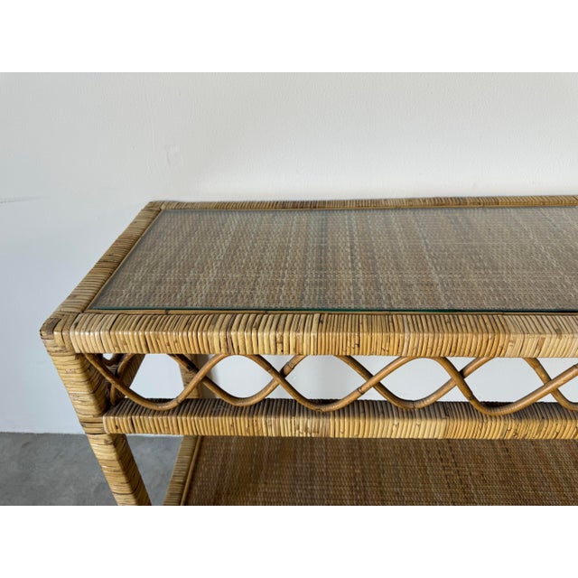 Vintage Boho Chic Coastal Woven Rattan Two - Tier Console Table | Chairish
