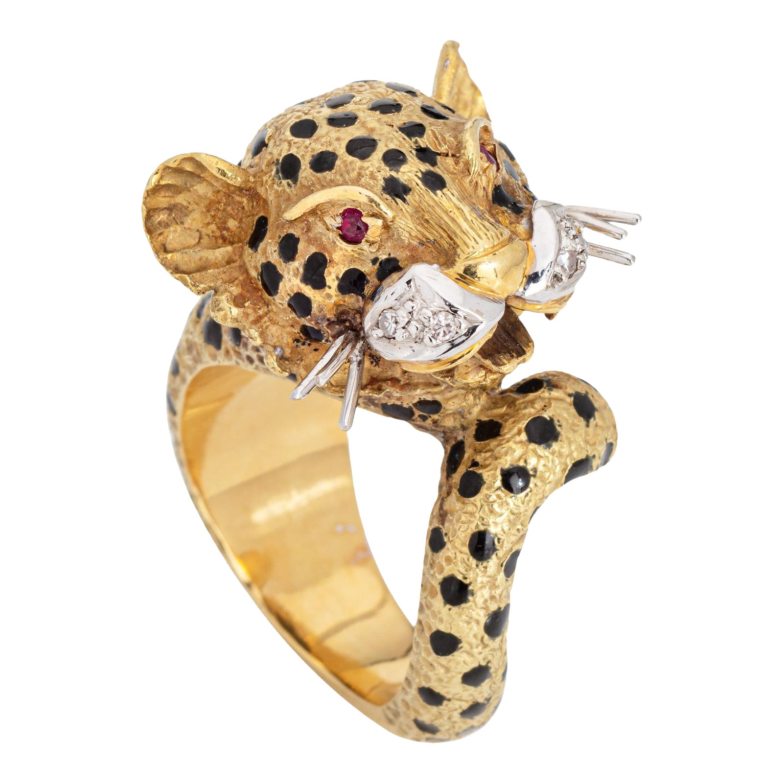 Leopard Ring Vintage 18k Yellow Gold Diamond Ruby Eyes Black Enamel ...