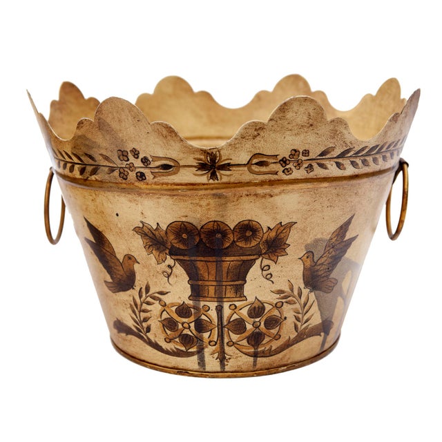Large 1960s Painted Tin Pot with Birds | Chairish