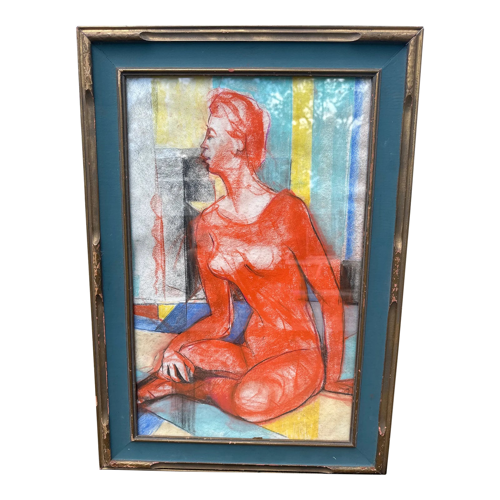 William Oberman Cubist Nude Drawing – Pastel on Paper, Framed | Chairish