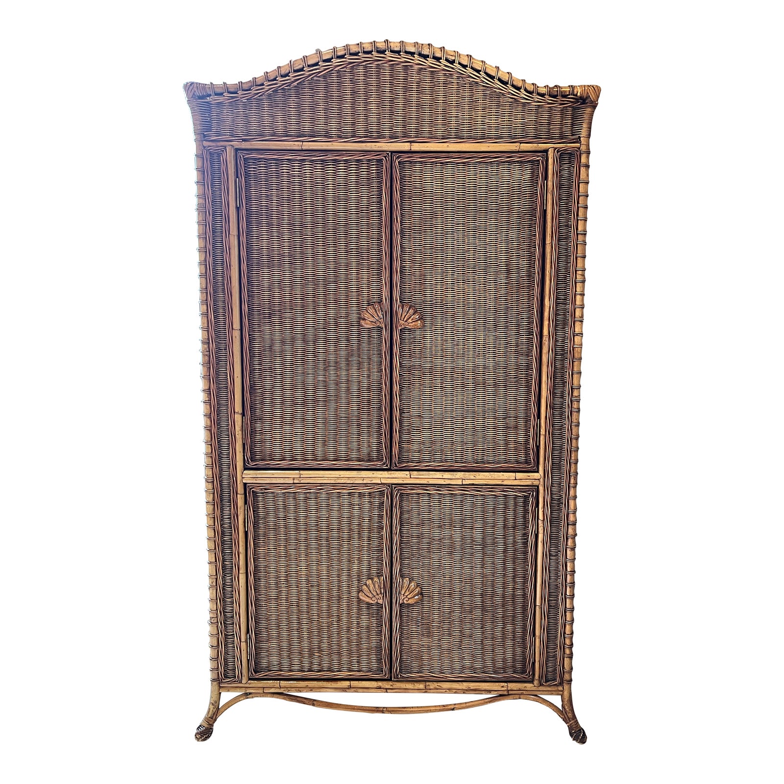 1990s Wicker Armoire or Bar With Shell Shaped Handles and Bamboo ...