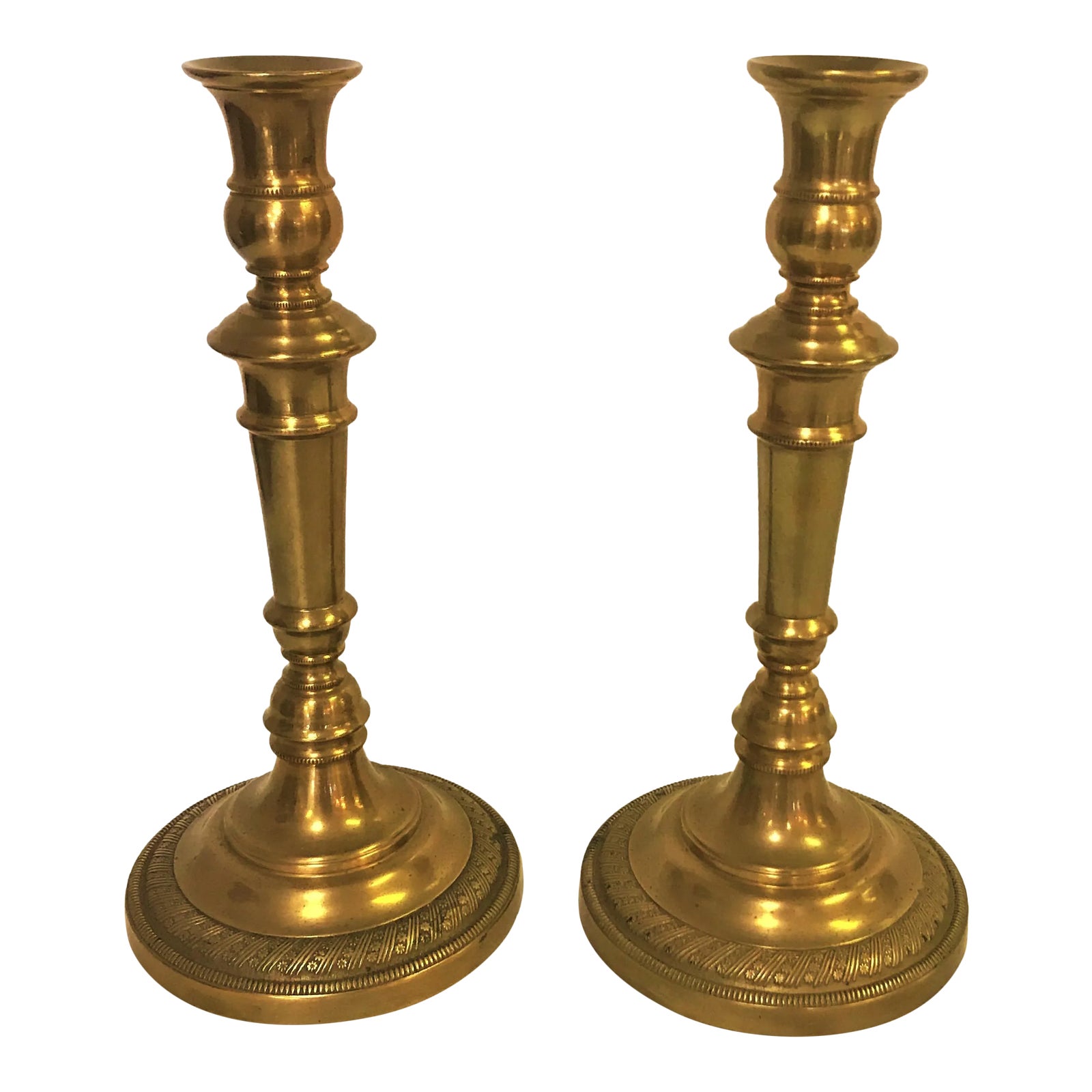 Antique French Engraved Brass Candlesticks With Natural Patina - a Pair ...
