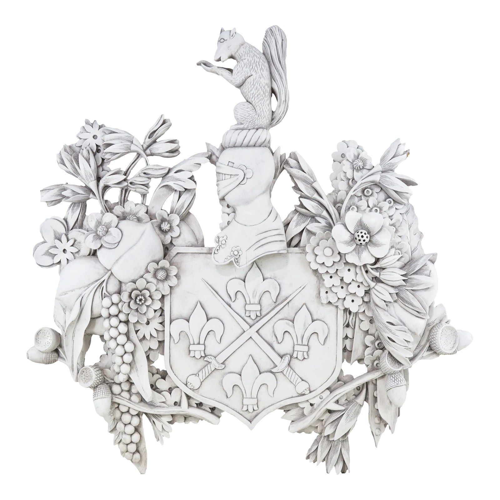 White Wood Carved Family Crest Wall Plaque With Squirrel and Floral ...