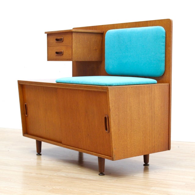 1960s Mid Century Teak Entryway Bench in Teal | Chairish