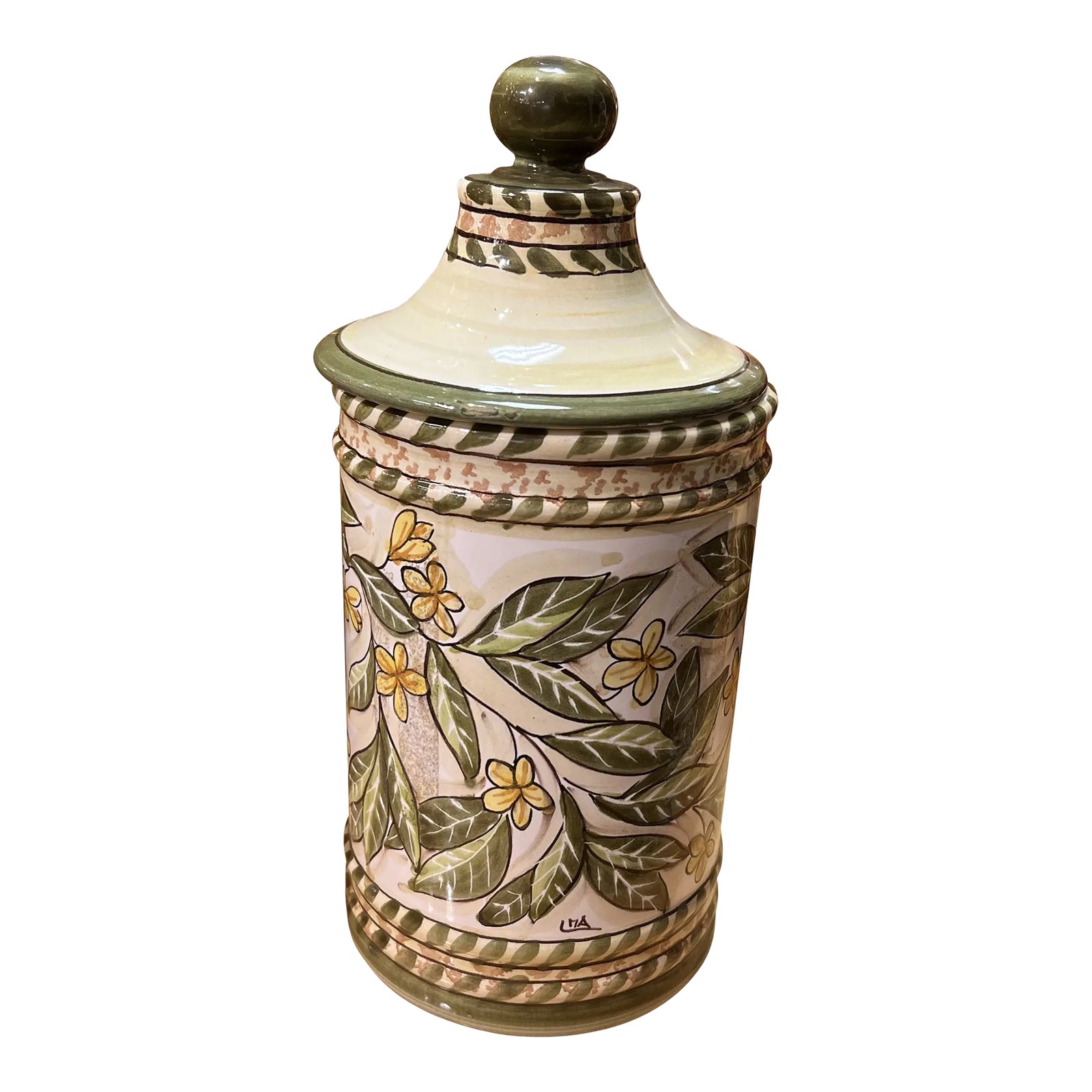 1990s Italian Hand-Painted Ceramic Canister With Lid in Ivory, Green ...