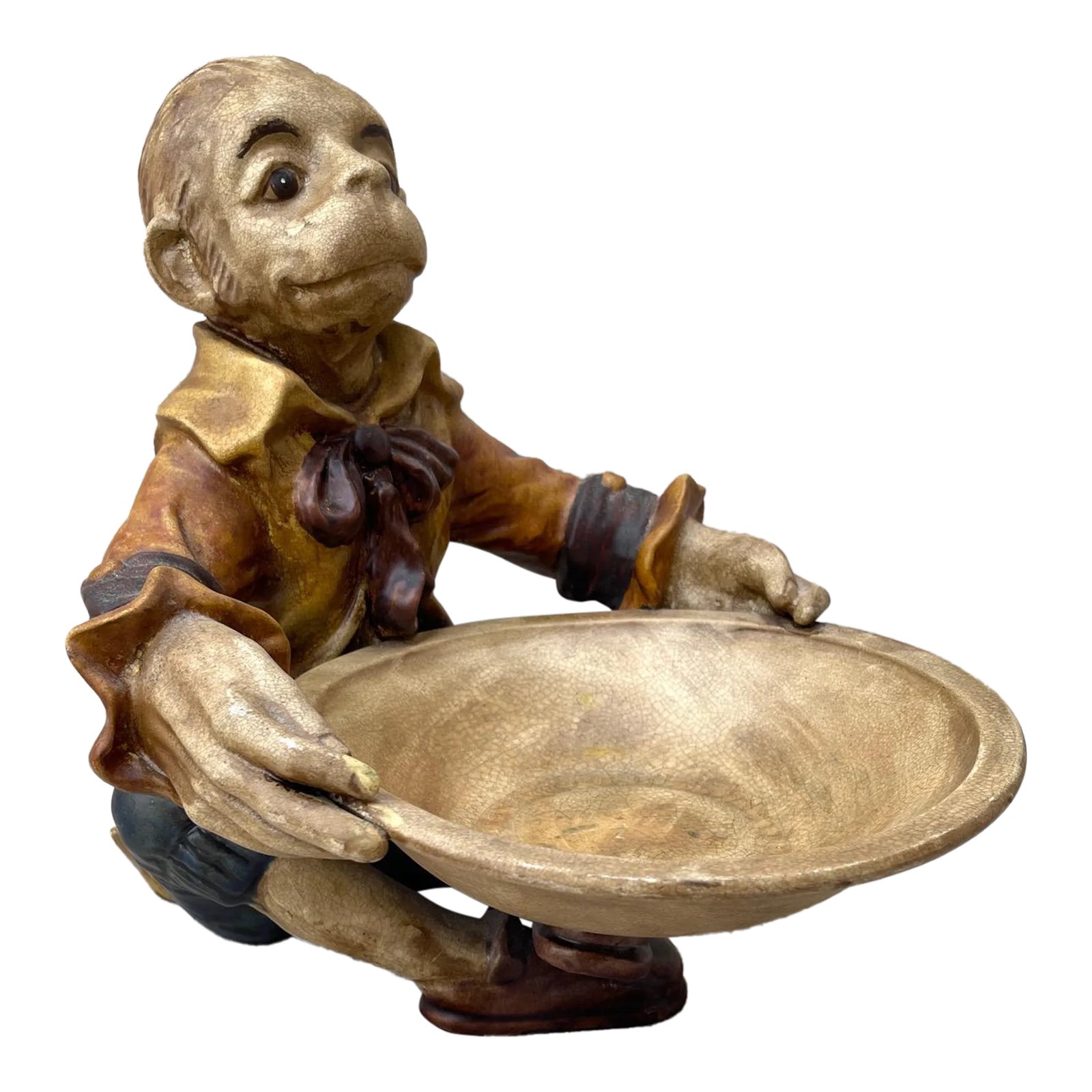 Vintage Ceramic Majolica Monkey Trinket Dish | Chairish