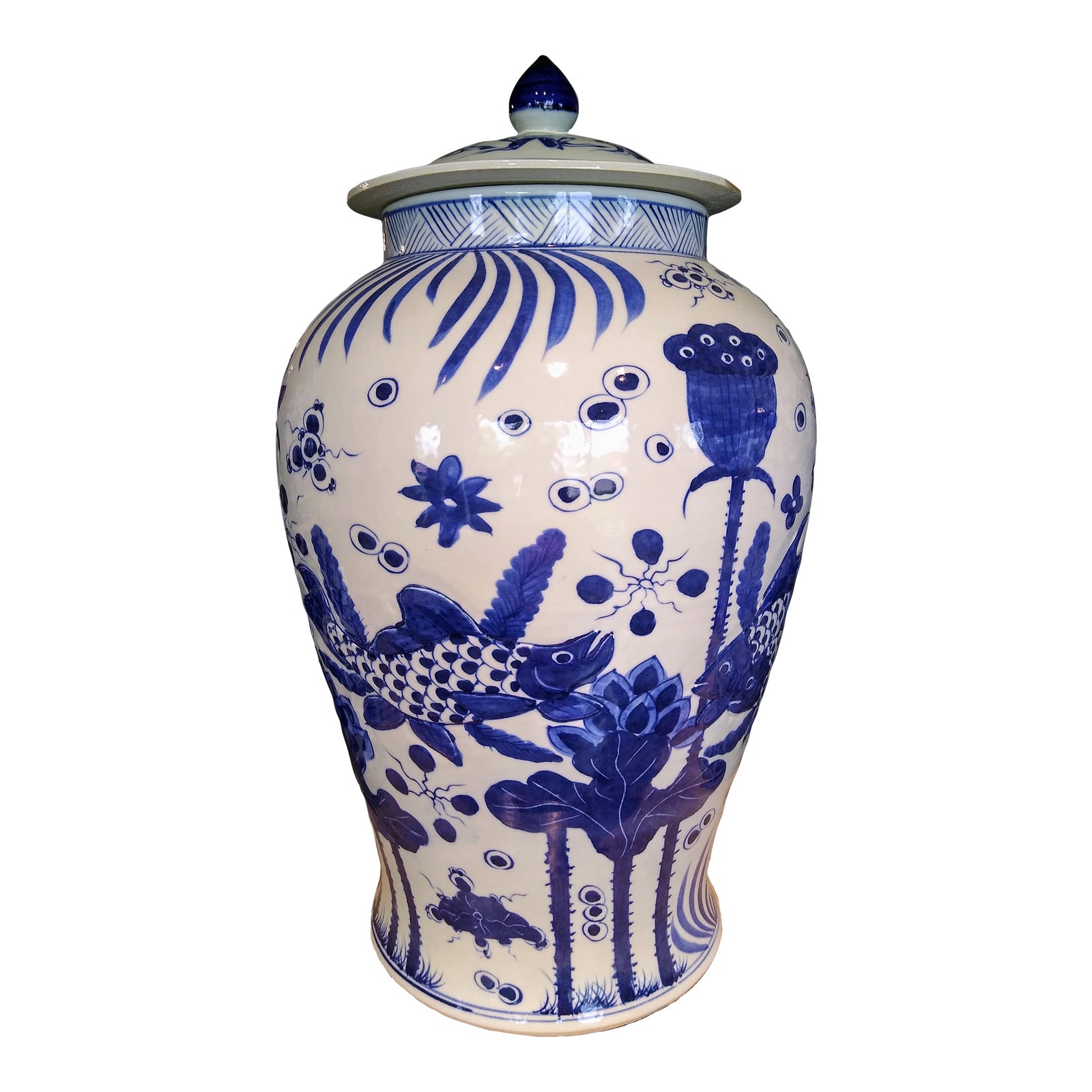 Carved Fish Temple Jar | Chairish