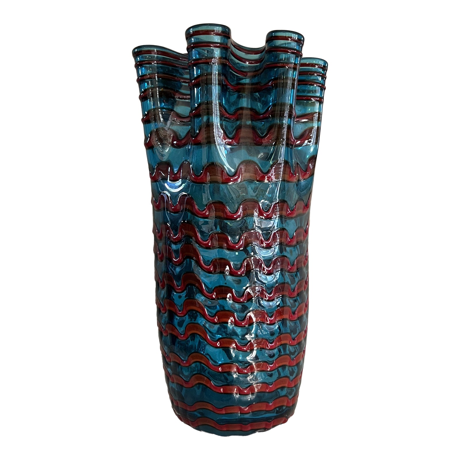 Vintage Large Handblown Blue Art Glass Vase Wave Pattern | Chairish
