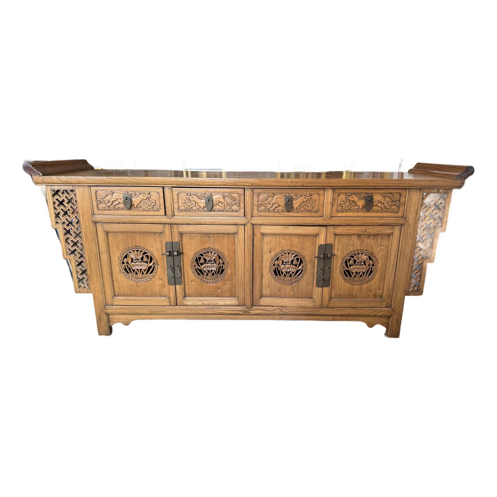 Large Chinese Elmwood Sideboard Credenza With Carved Taotie Masks ...