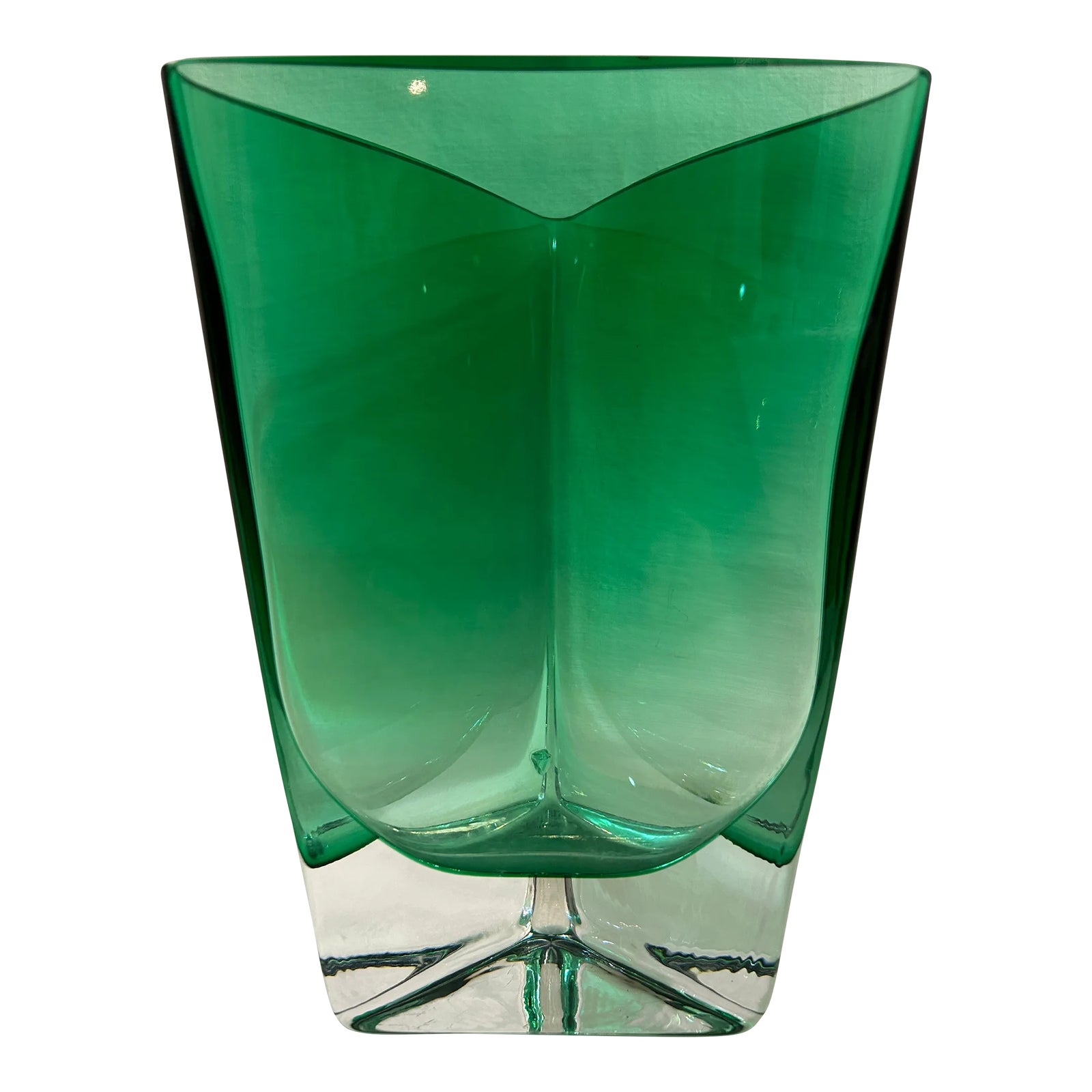 1990’s Krosno of Poland Emerald Green Art Glass Triangular Vase | Chairish