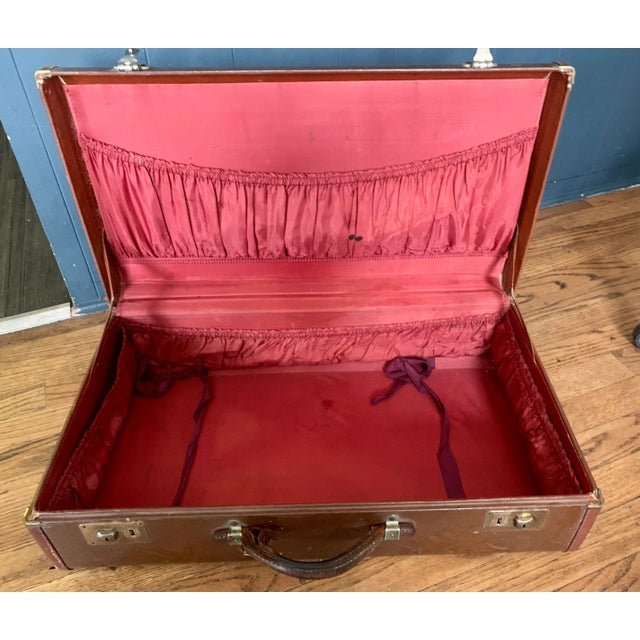 Mid 20th Century Vintage Leather Suitcase With Burgundy Lining | Chairish