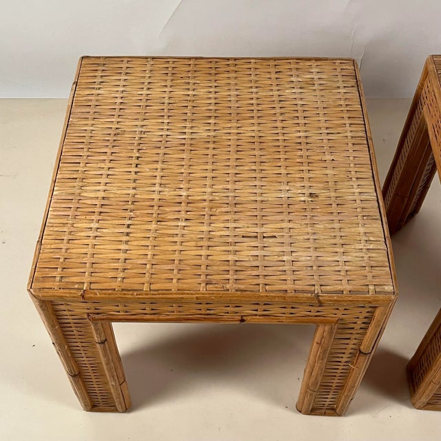 1980s Pair of Thick Custom-Made Rattan and Wicker End Tables | Chairish