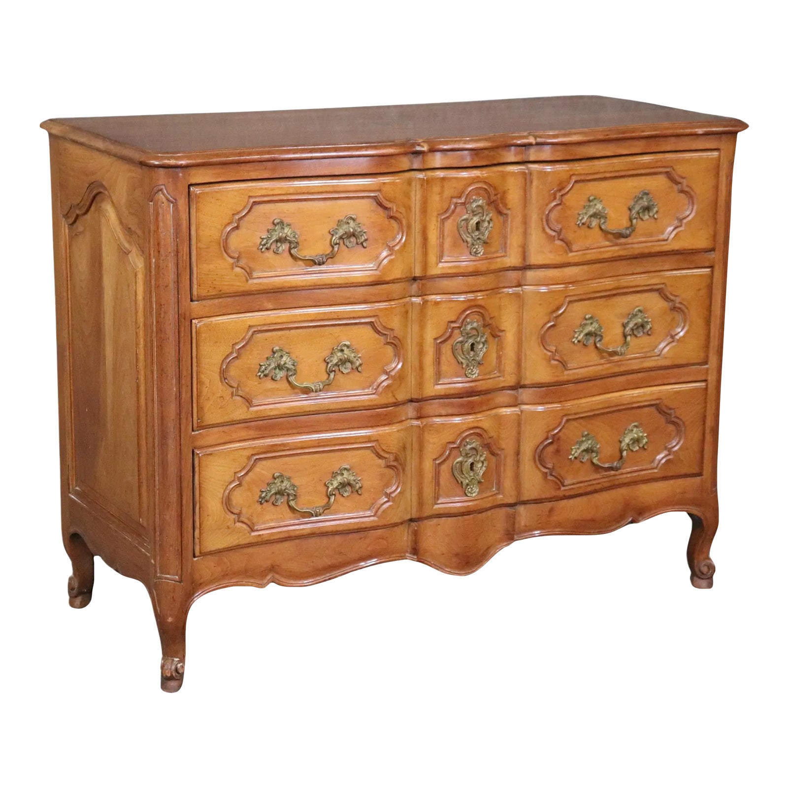French Louis XV Style Walnut French Country Three Drawer Commode | Chairish