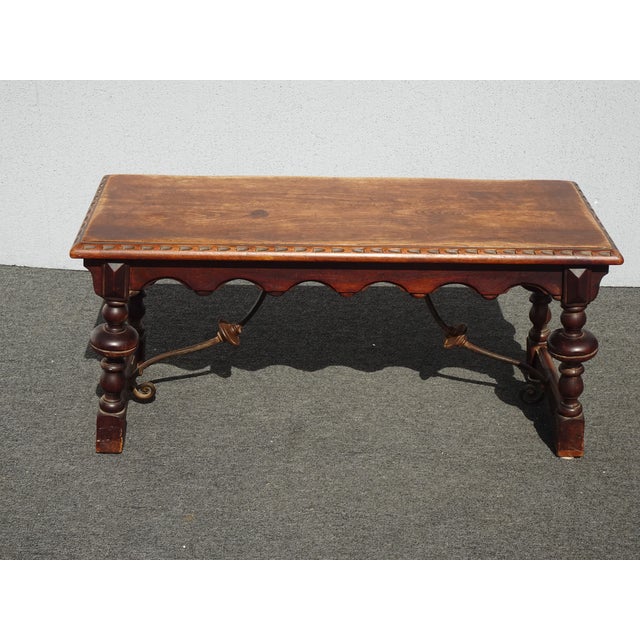 Vintage Spanish Style Bench W Iron Stretcher ~ French Country | Chairish